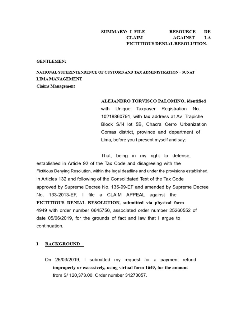 RESOURCE of CLAIM - Denial of Fictional Resolution - Alejandro Torvisco ...