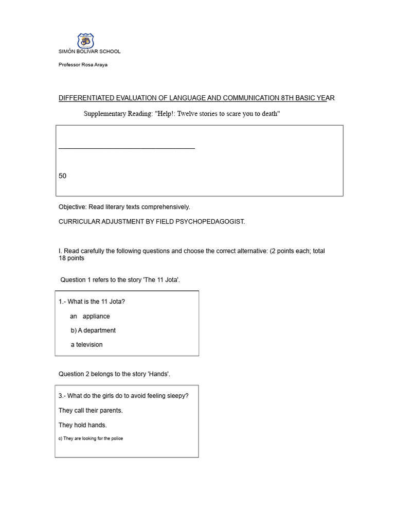 Differentiated Language Assessment Book Socorro by Elsa Bornemann 8TH ...