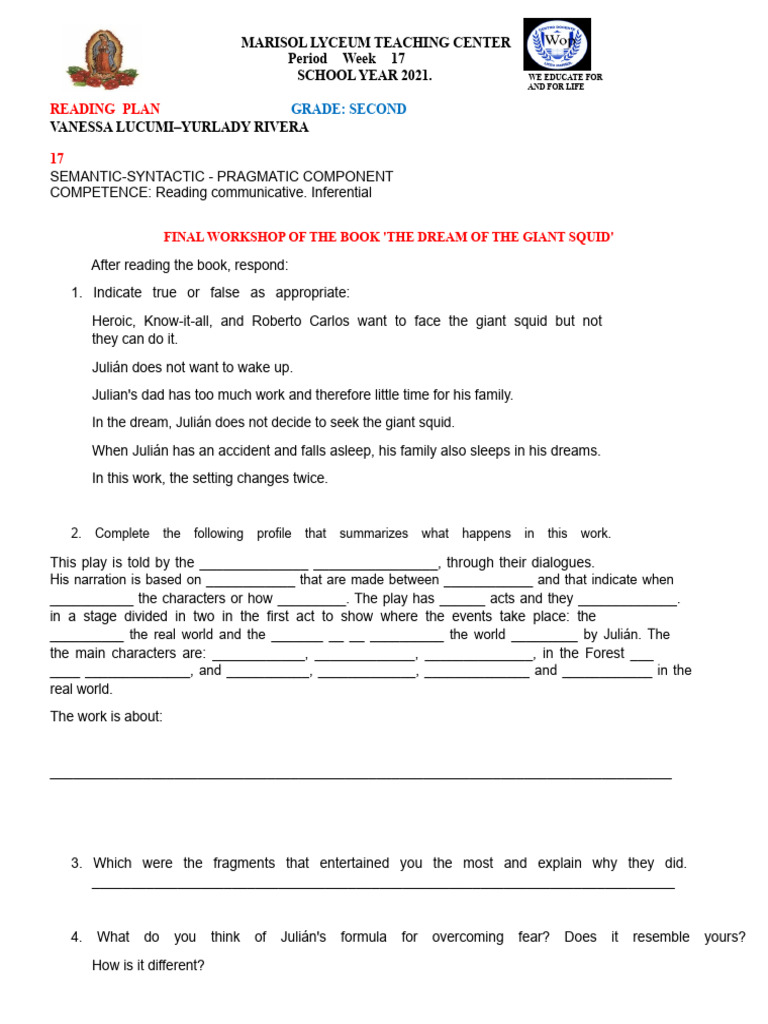 WEEK 17 VIRTUAL WORKSHOP READING PLAN Book "Dream of The Giant Squid ...