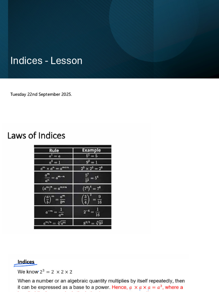 Indices - Lesson 22.9.25 | PDF