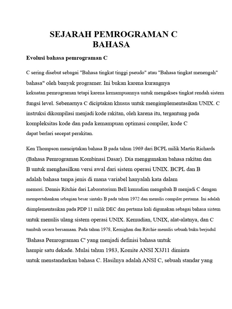 Sejarah Bahasa Pemrograman C | PDF