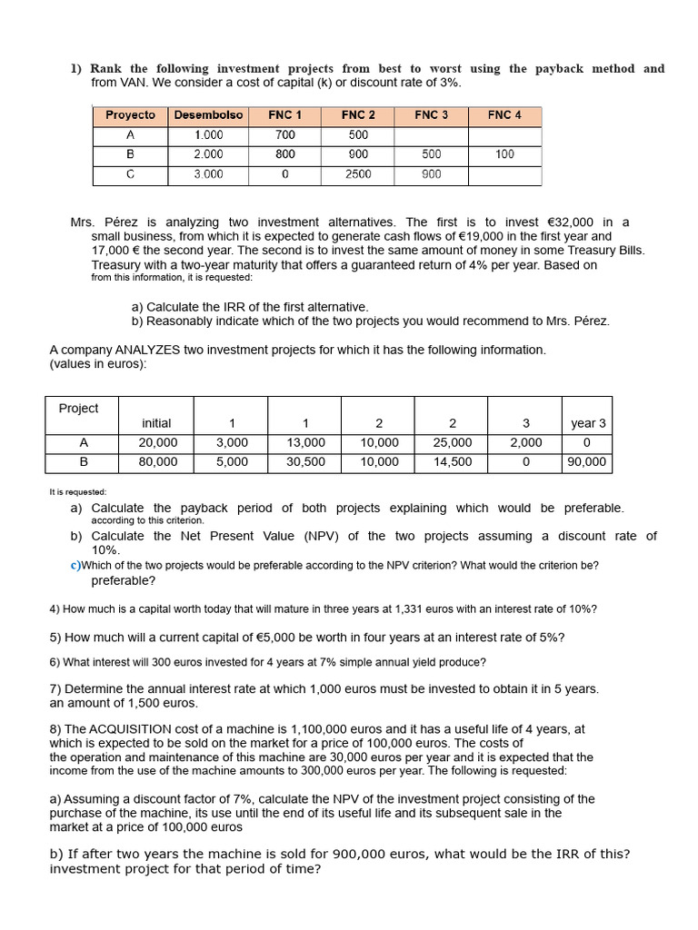 NPV, IRR, PAYBACK, AND CAPITALIZATION Exercises | PDF | Internal Rate ...