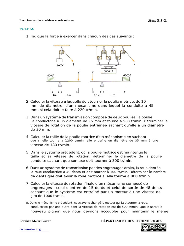 Exercices sur poulies et mécanismes 3E.S.O. | PDF | Courroie | Roue
