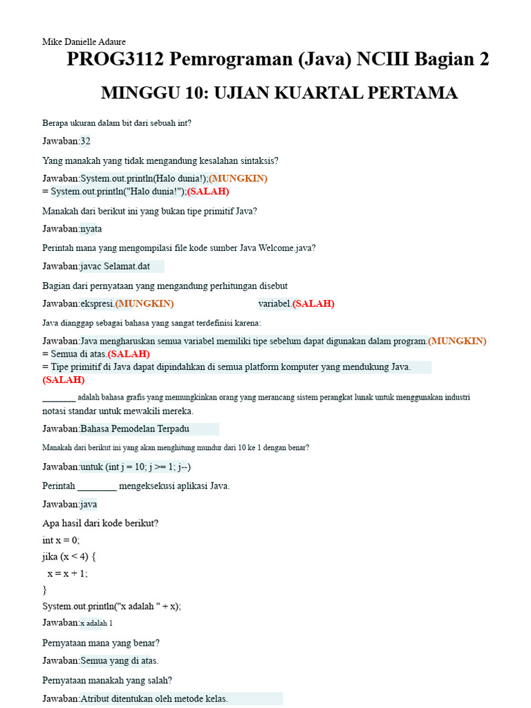 PROG3112 Pemrograman Java NCIII Bagian 2 MINGGU 10 PERTAMA | PDF