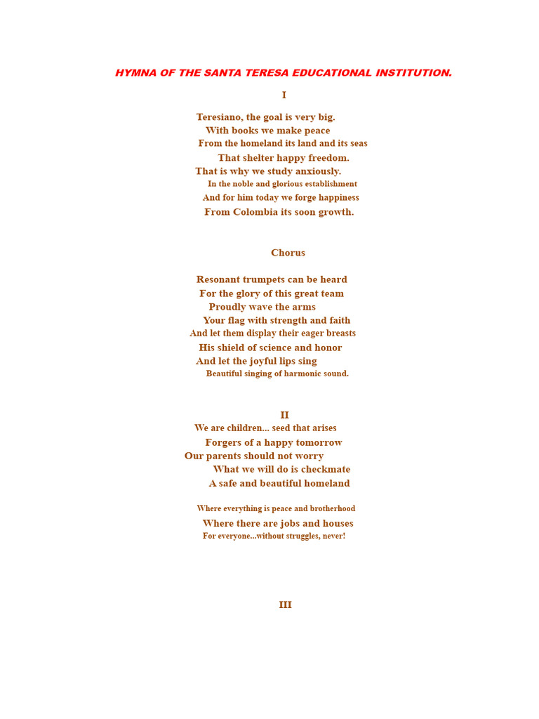 Hymn of The Educational Institution Santa Teresa | PDF