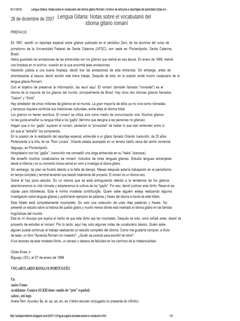 Idioma Gitano Anotaciones Sobre El Vocabulario Del Idioma Gitano Romani ...