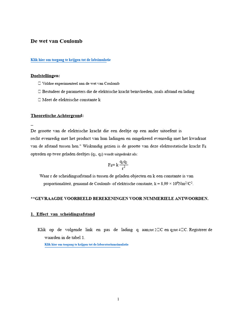 Natuurkunde II - Laboratorium 1 - de Wet Van Coulomb | PDF