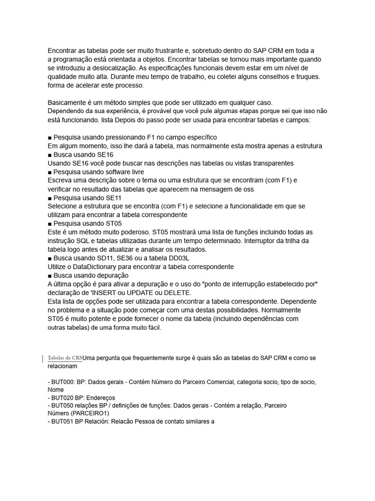 Dicas para Encontrar Tabelas no SAP CRM | PDF | Gestão de ...