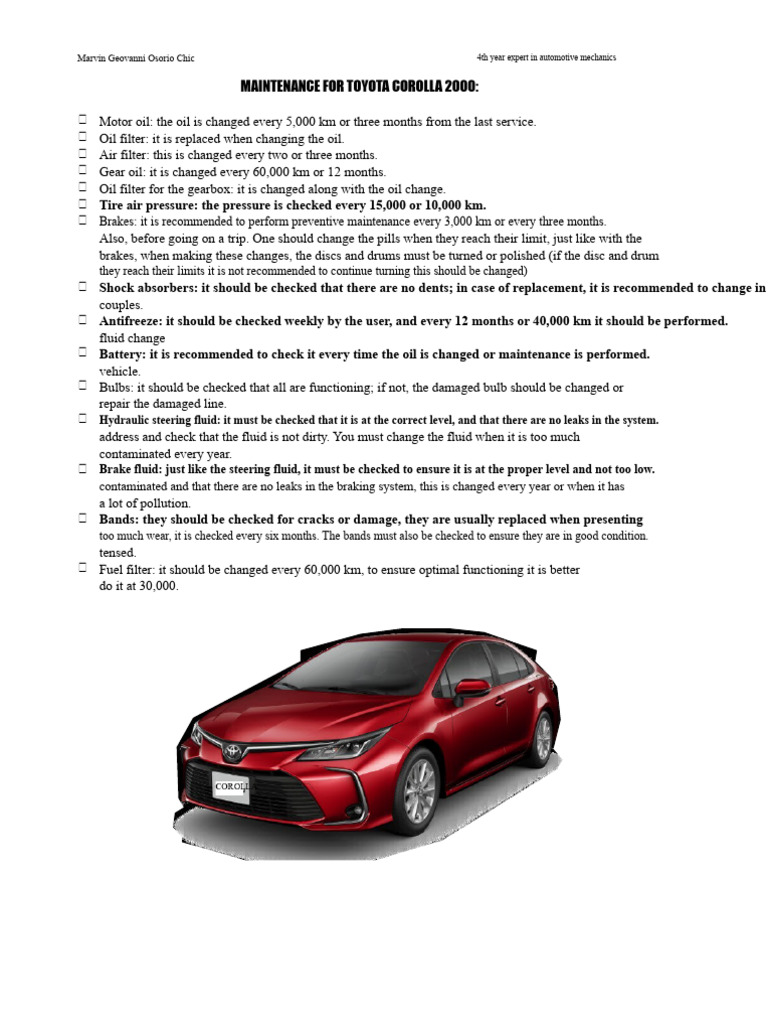 Toyota Corolla 2000 Maintenance Checklist | PDF