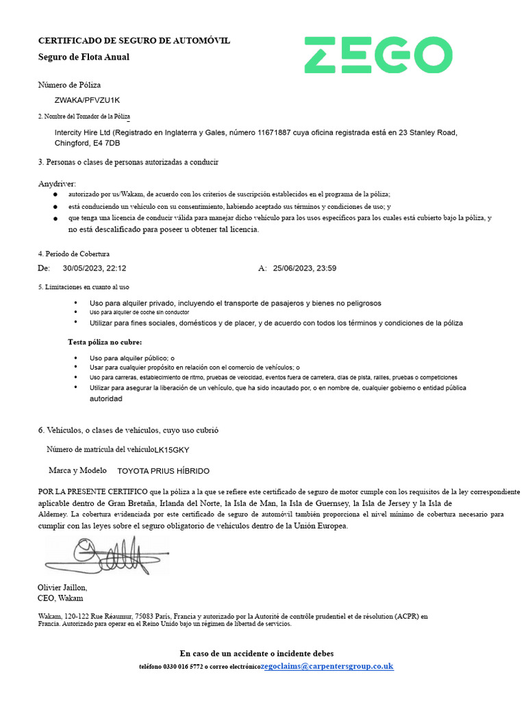 Zego Política ZWAKA PFVZU1K LK15GKY | PDF | Póliza de seguros | Seguro