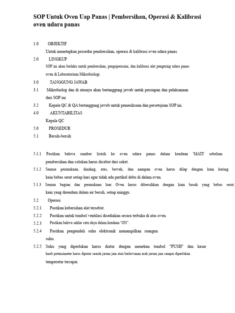SOP Untuk Pembersihan, Pengoperasian & Kalibrasi Oven Udara Panas | PDF