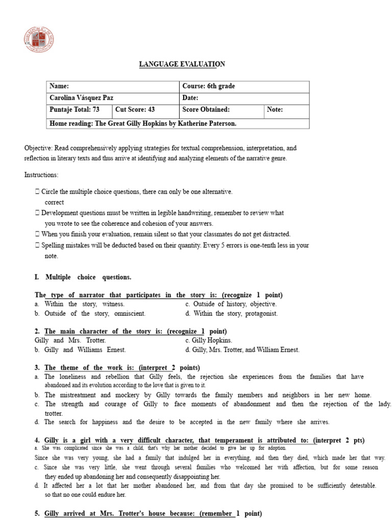 6th Grade Language Evaluation Guide | PDF | Multiple Choice | Narrative