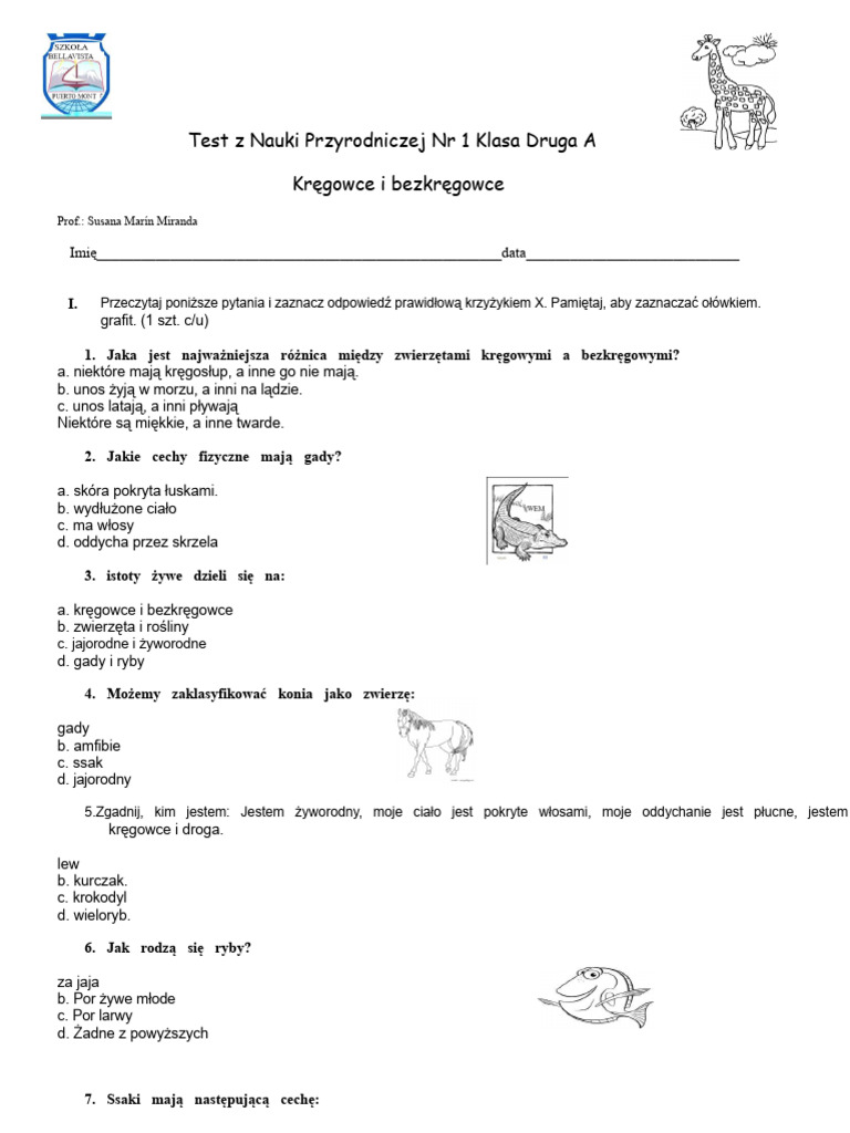 Test Z Przyrody NR 1 Klasa Druga A | PDF