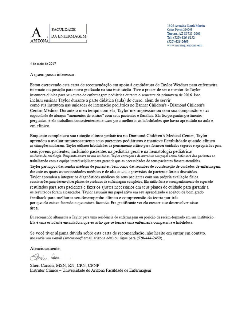 Carta de Recomendação para Taylor Weidner | PDF | Enfermagem