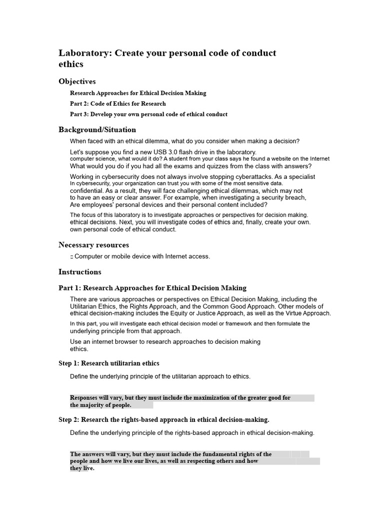 Laboratory Create Your Personal Code of Ethical Conduct | PDF | Justice ...