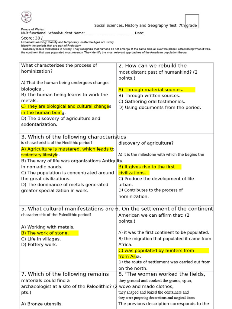 7th Grade Social Sciences Test: History & Geography | PDF | Paleolithic ...