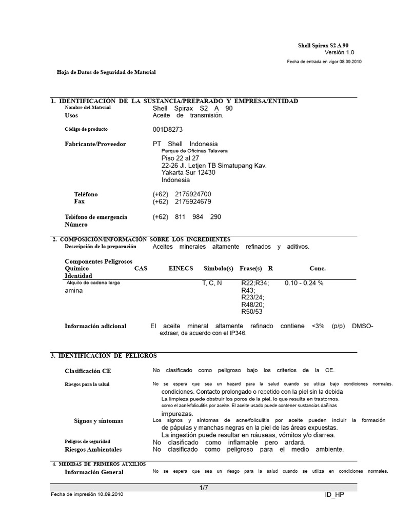 MSDS Shell Spirax S2 A90 - 080811 | PDF | Guante | Residuos