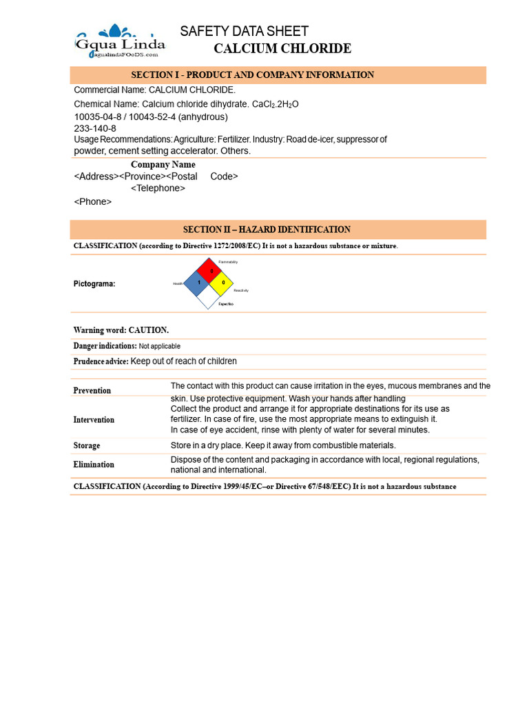 Safety Data Sheet CALCIUM CHLORIDE | PDF | Dangerous Goods | Breathing