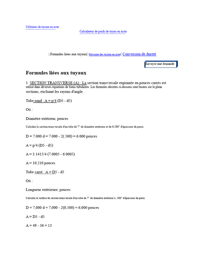 Formules de calcul pour tuyauterie | PDF | Tuyau | mesure de pression