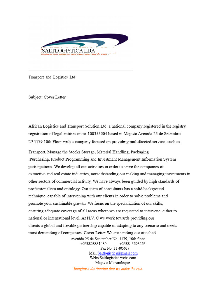 Cover Letter for Transport Services | PDF | Logistics | Transport
