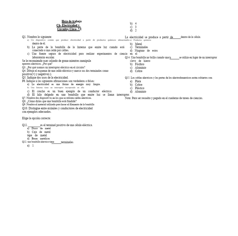 Hoja de Trabajo de Electricidad Clase 6 | PDF | Electricidad | Aislador ...