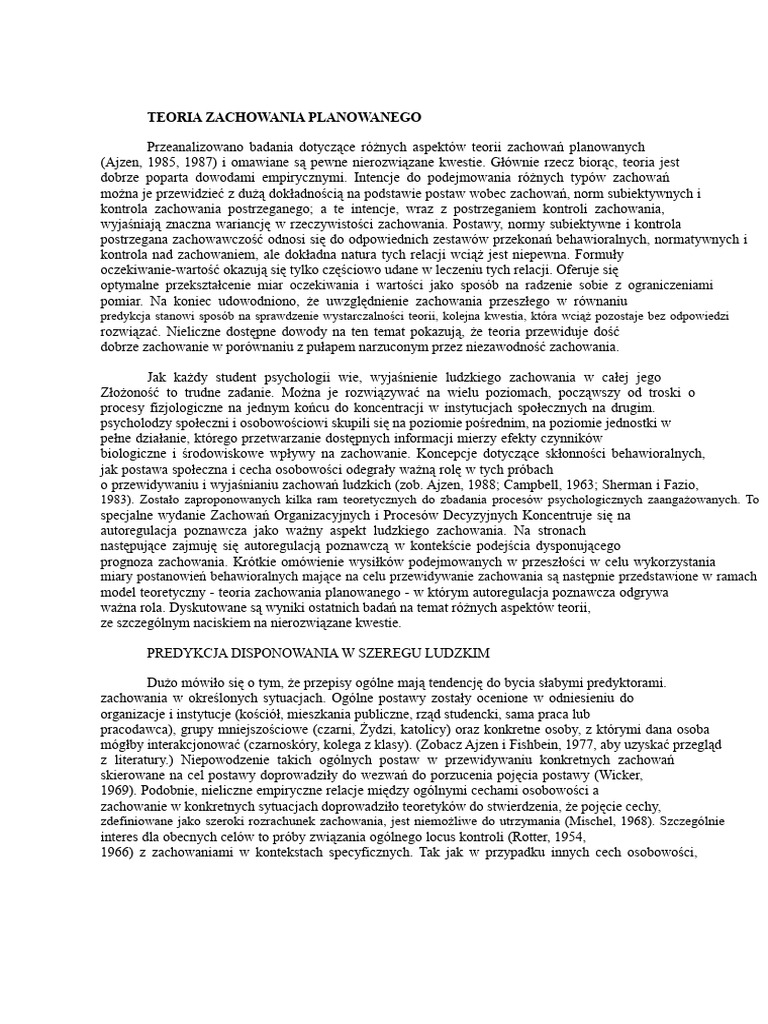 Teoria Zachowań Planowanych - Icek Ajzen | PDF
