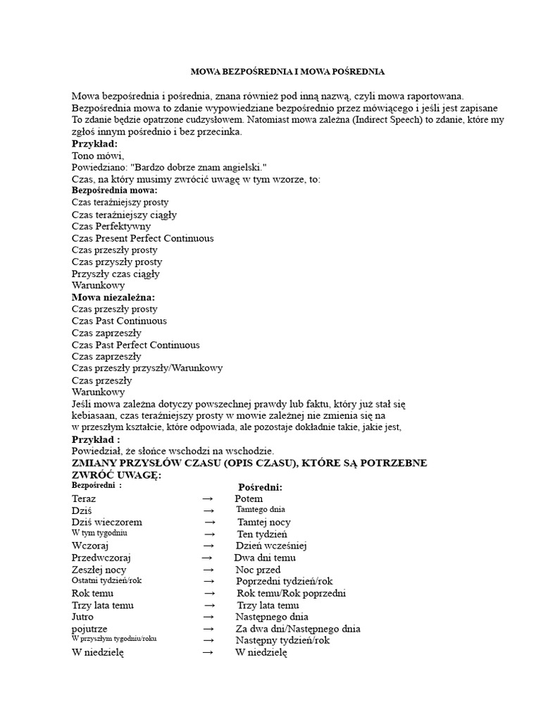 Mowa Bezpośrednia I Mowa Pośrednia | PDF