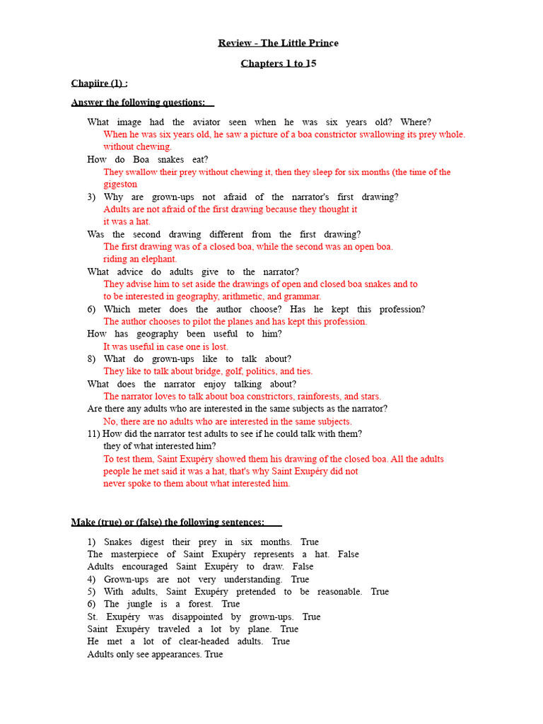 Revision - The Little Prince - Chapters 1 To 15 - Answers | PDF | The ...