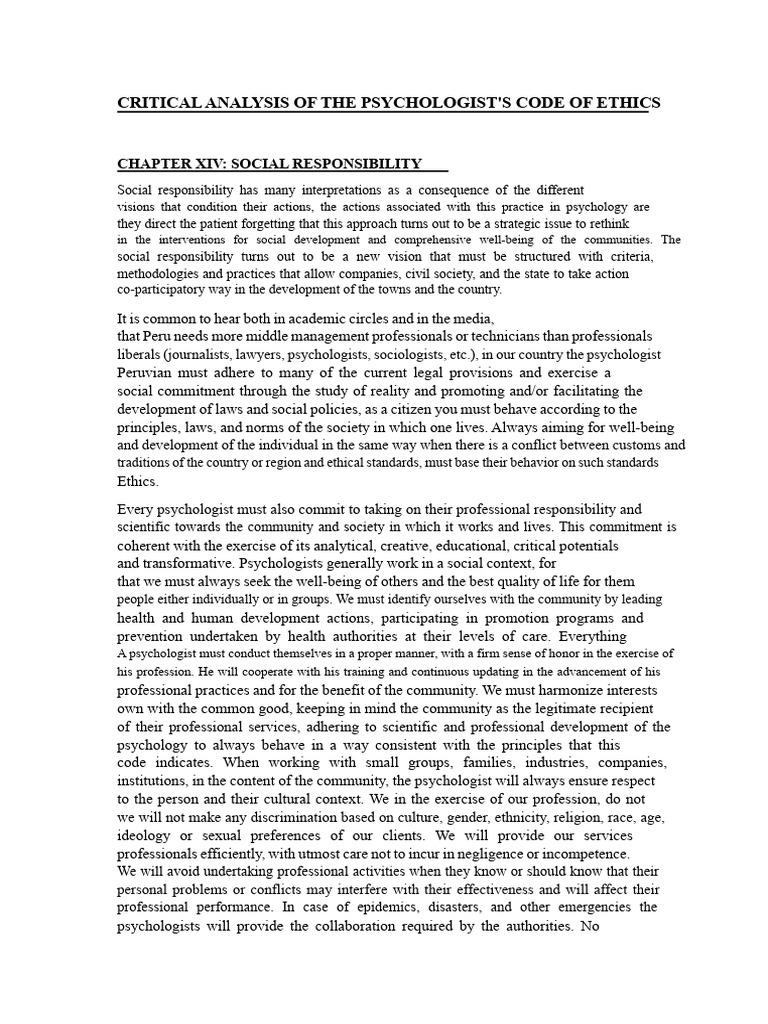 Critical Analysis of The Psychologist's Code of Ethics | PDF ...