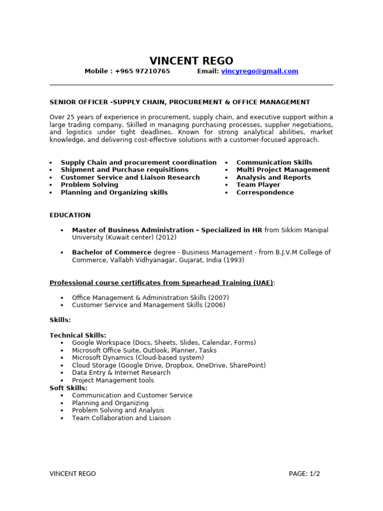 CV - Vincent Rego - Supply Chain-Rev | PDF | Business