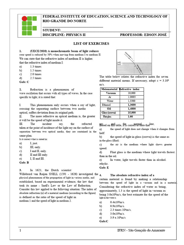 Exercise List 15 - Refraction | PDF | Refraction | Refractive Index