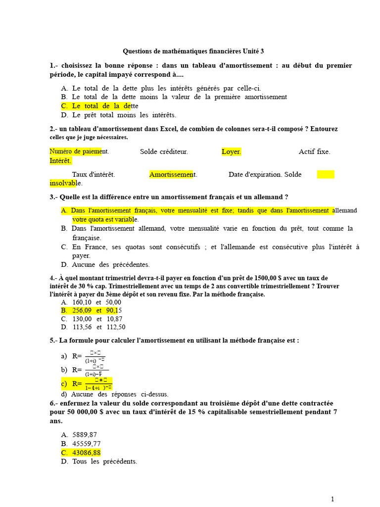 Mathématiques.-Banque de Questions de L'unité 3 Et 4-1 | PDF | Prêts ...