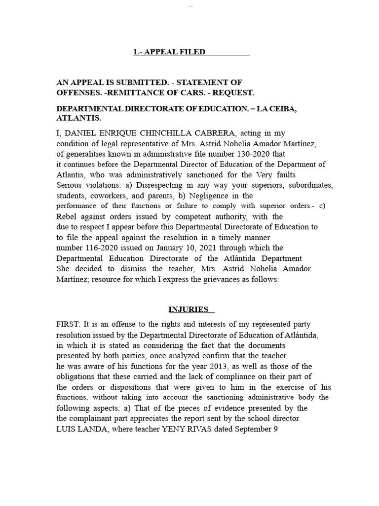 Appeal Against Teacher Dismissal in Honduras | PDF | Complaint | Justice