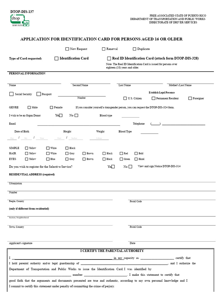 DISCO-F006 DTOP-DIS-137 Identification Card Application | PDF ...