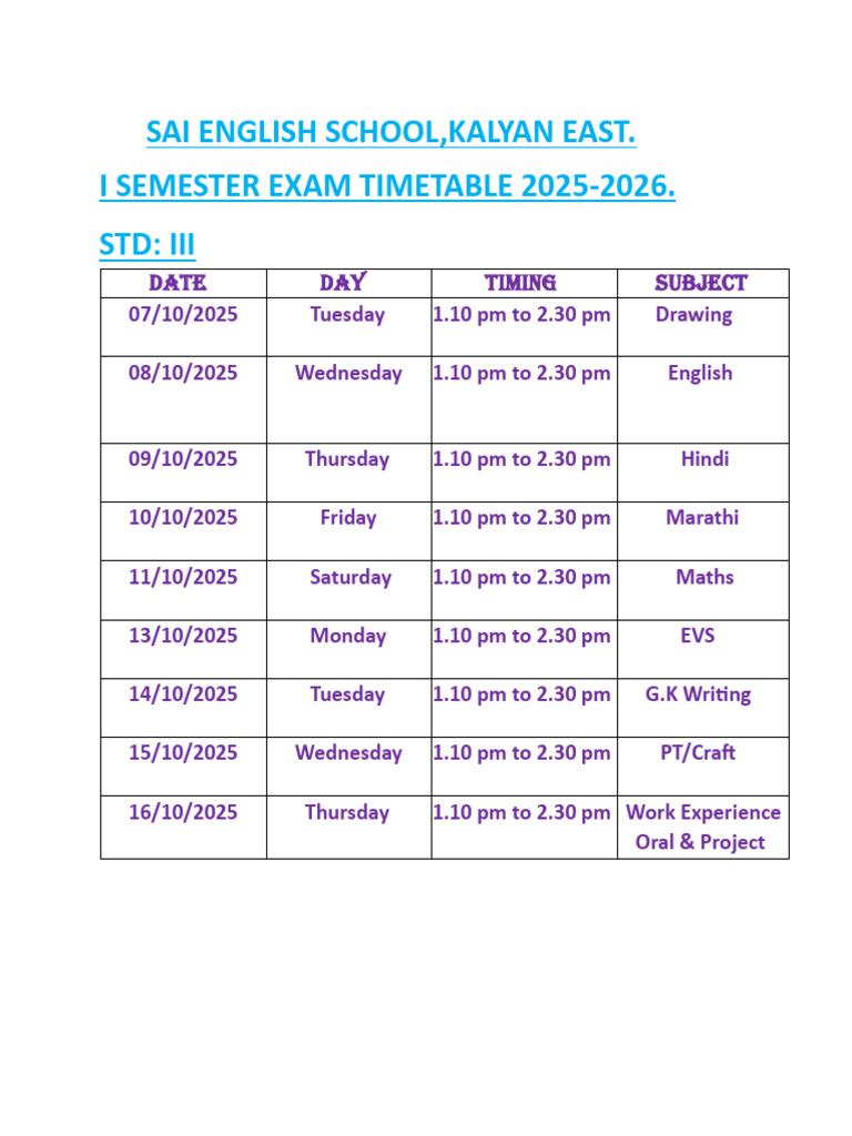 I Semester Exam Timetable. | PDF
