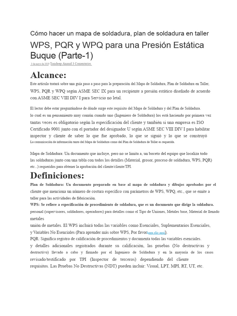 Cómo Hacer Un Mapa de Soldadura, Plan de Soldadura de Taller, WPS, PQR y WPQ para Un Recipiente ...