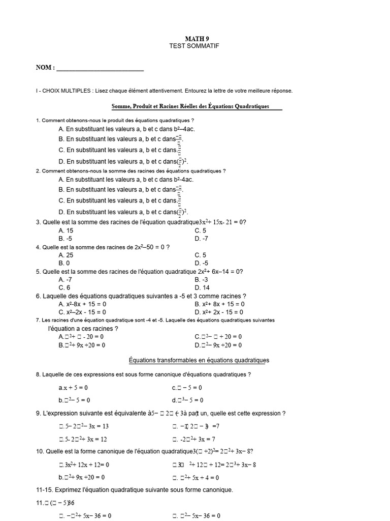 Test Sommatif sur les Équations Quadratiques | PDF | Équation du second ...