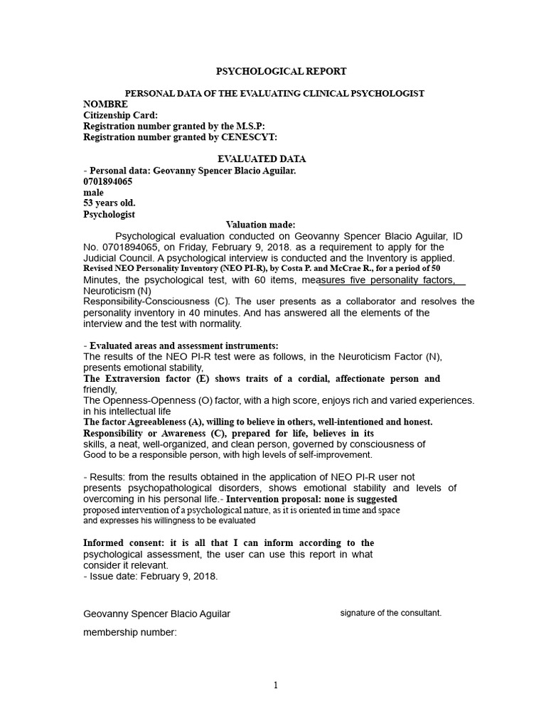 Psychological Evaluation Report for Geovanny Spencer | PDF