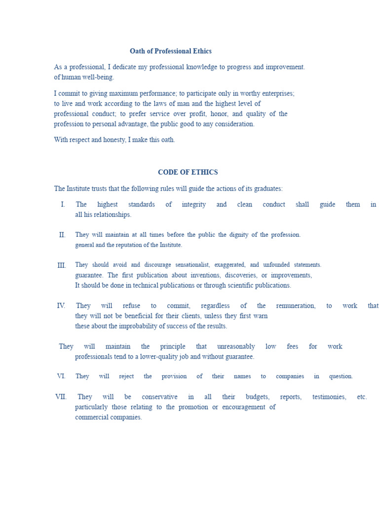 Professional Ethics Oath and Code | PDF | Professional Ethics | Integrity