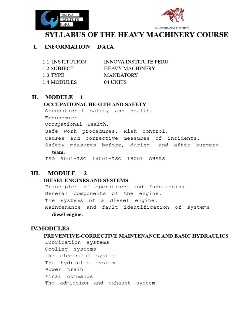 Heavy Machinery Course Syllabus | PDF