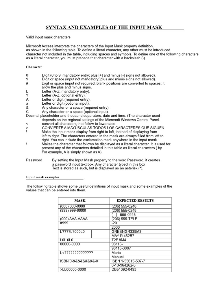 Input Mask Syntax and Examples in Access | PDF | Microsoft Access ...