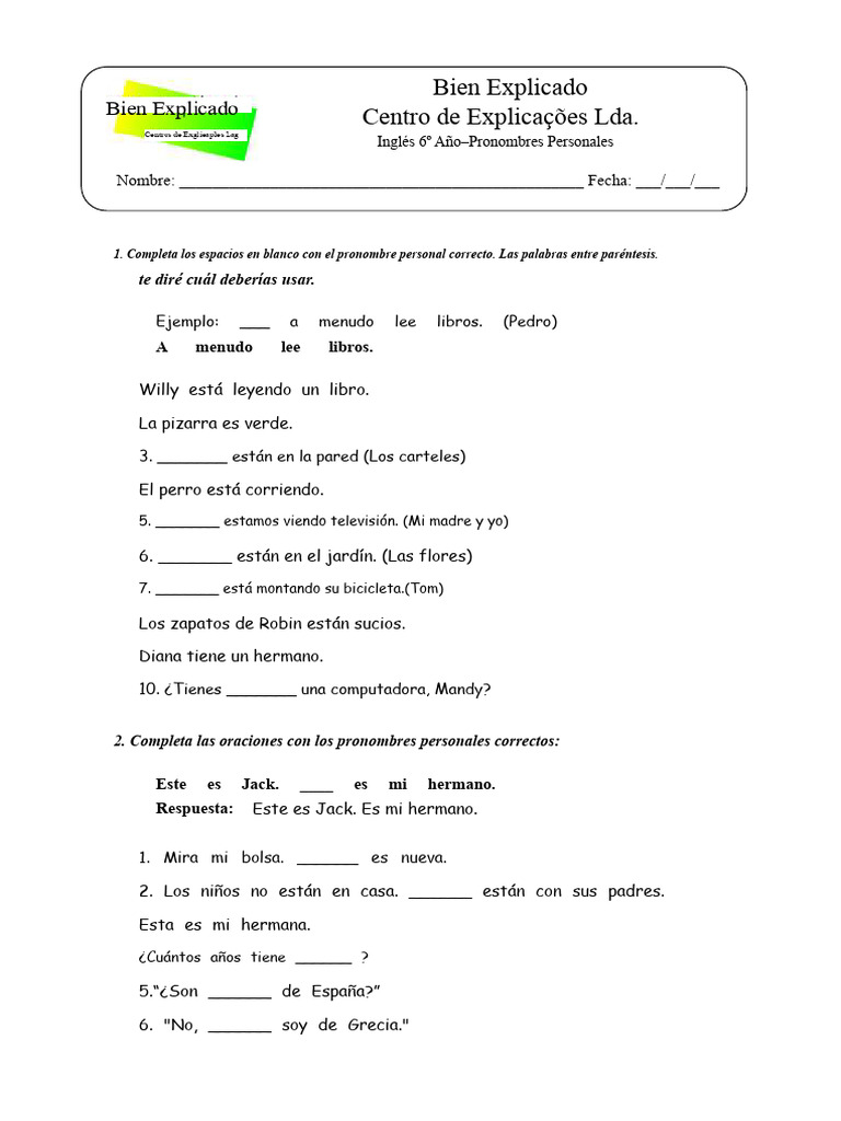 Pronombres Personales en Inglés 6º Año | PDF