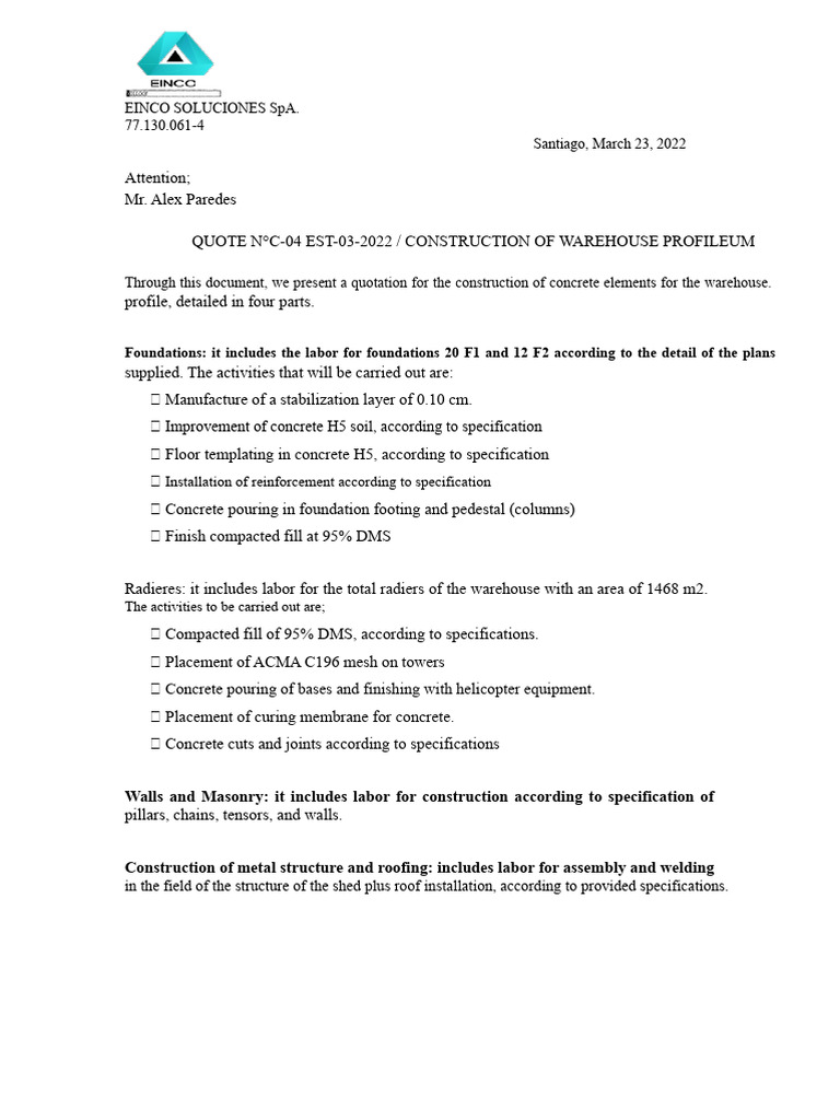 QUOTE C-04 EST-03-2022 (Warehouse Construction) | PDF | Concrete ...