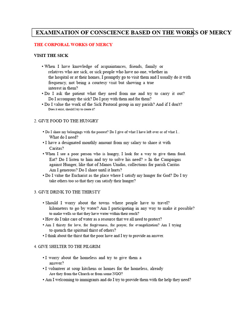 Examination of Conscience With The Works of Mercy | PDF | Forgiveness | Systematic Theology