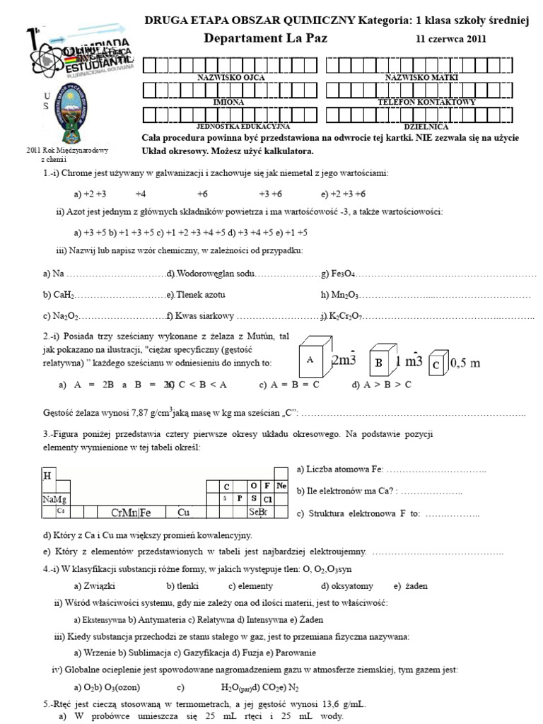 Chemia 1. Olimpiada 2. Etapa 3. Klasa Średnia | PDF