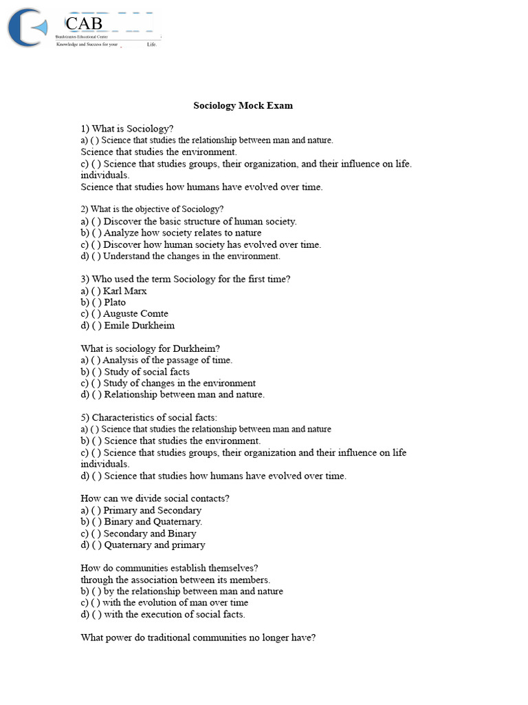 Sociology Mock Exam Questions and Answers | PDF | Sociology | Society
