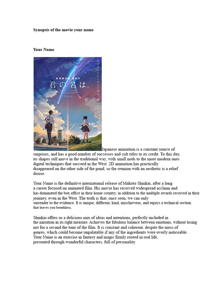Synopsis of The Movie Your Name | PDF