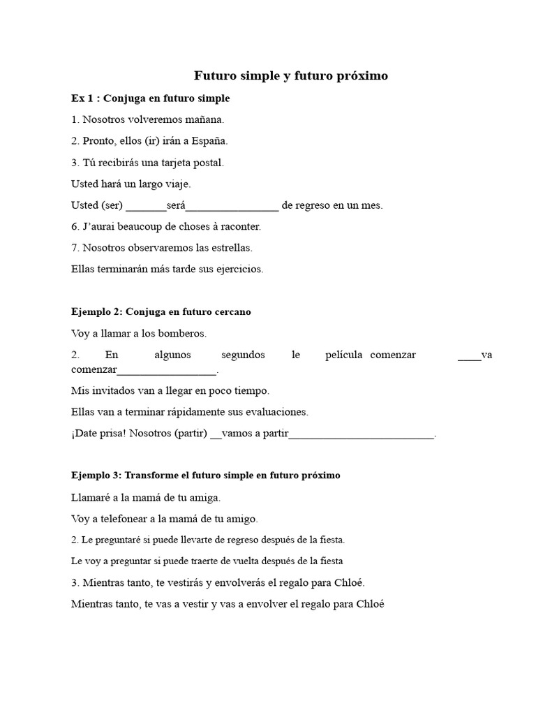 Futuro Simple y Futuro Próximo Ejercicios | PDF