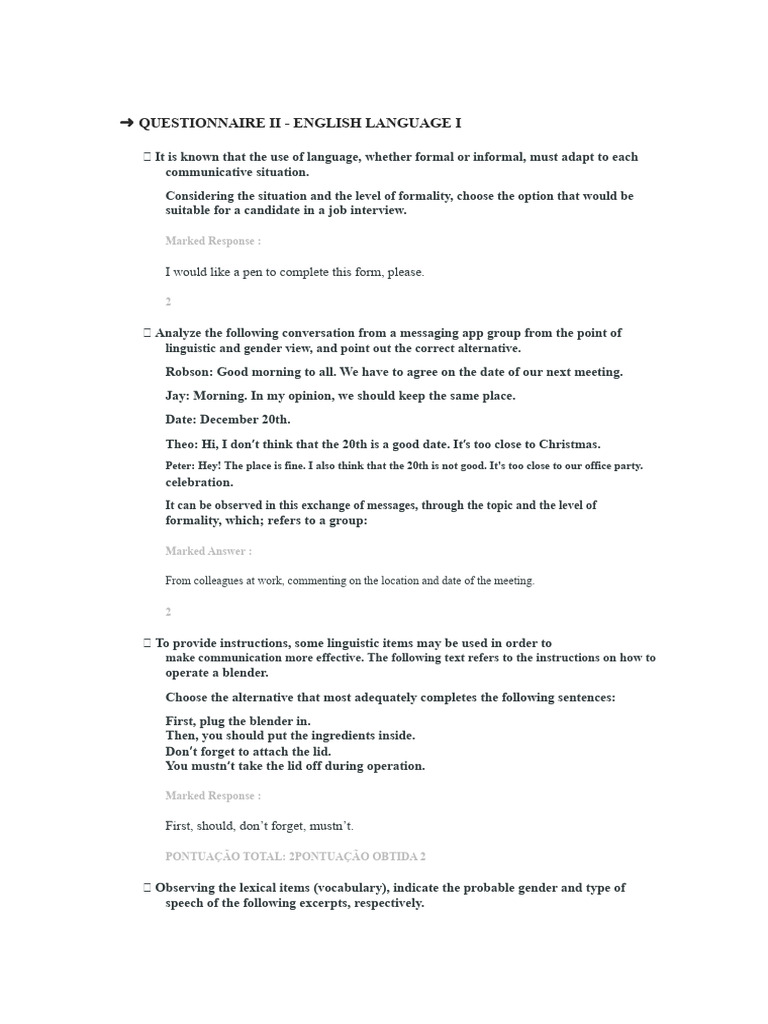 Questionnaire Ii - English Language I | PDF | Reading Comprehension ...
