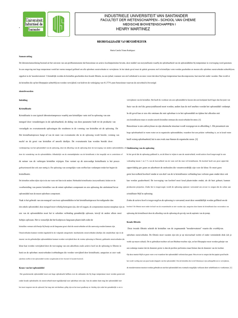 Verslag Recrystallisatie Van Benzoëzuur | PDF